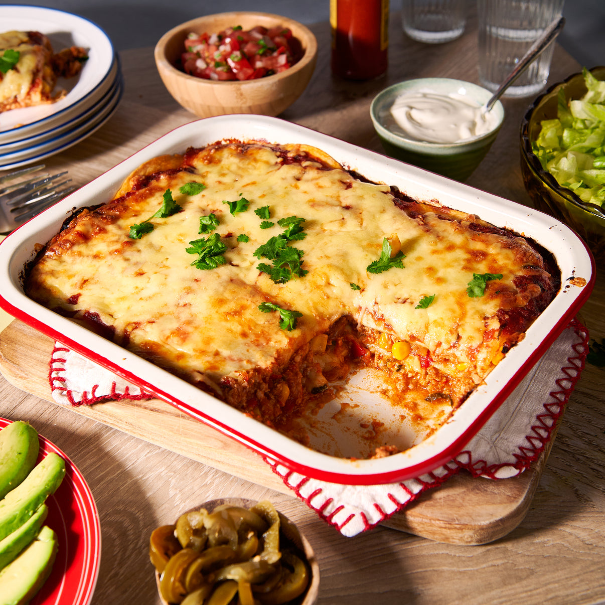 Layered chicken enchiladas with sweet corn and coriander | The Dinner ...
